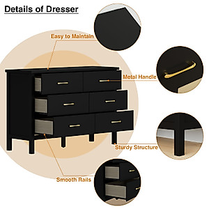 JOZZBY Dresser for Bedroom with 6 Drawers, Modern Black Dresser with Golden Handles, Wood Storage Organizer Chest of Drawers for Nursery, Hallway