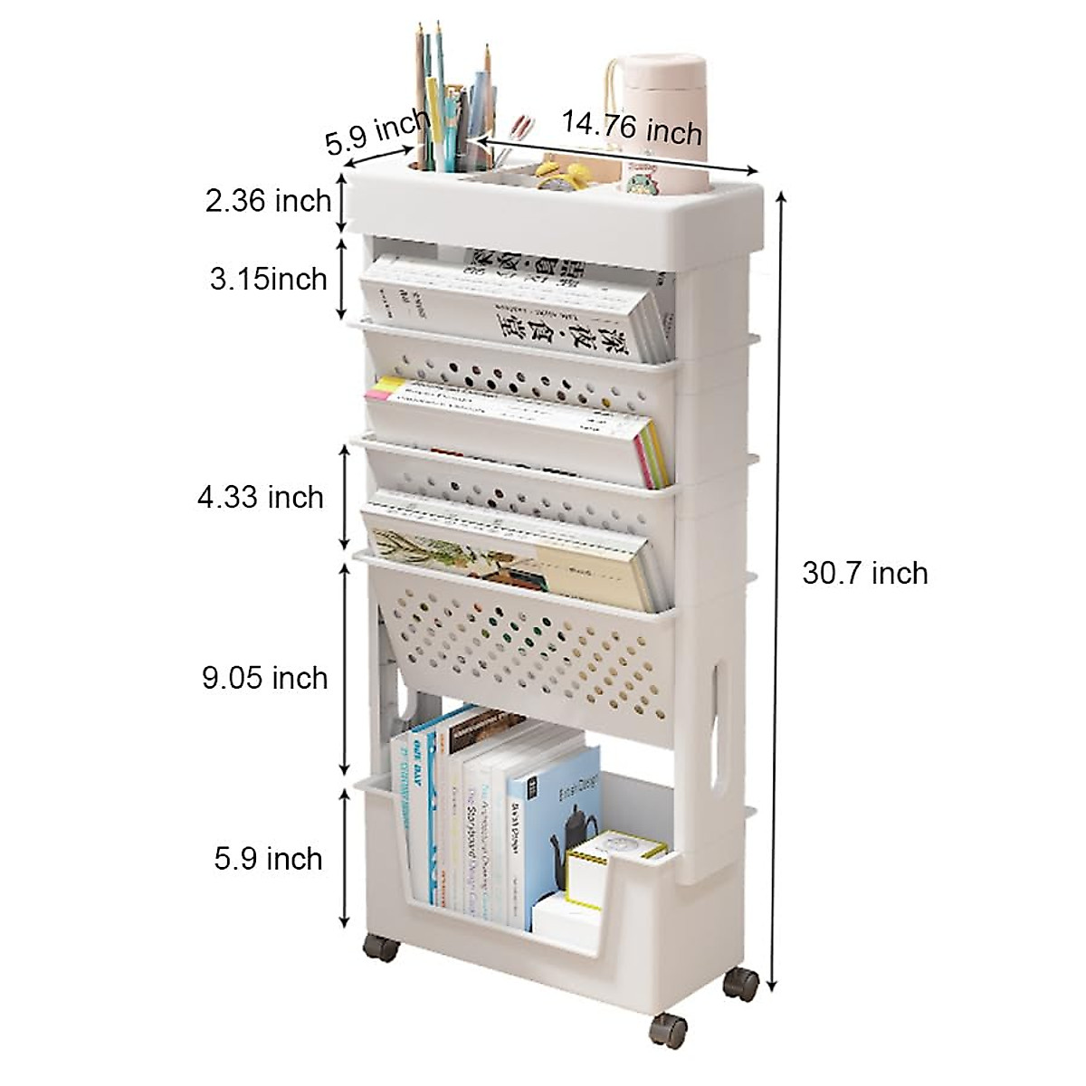 XIYAO 5 Tier Book Rack Storage Bookshelf,Plastic Removable Rolling Utility Cart Multi-Functional Movable Storage Book Shelves with Lockable Casters for Students Study Office Classroom,White
