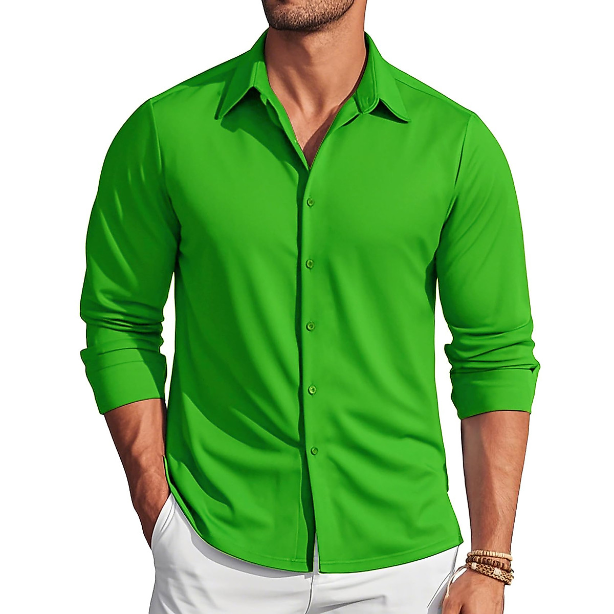 Barry.Wang Mens Emerald Green Stretch Dress Shirts Solid Sage Green Long Sleeve Button Down Shirts Formal Casual Business