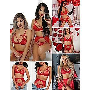 Avidlove Women Lingerie Set Lace Teddy Strap Babydoll Bodysuit with Garter Belts (S, 1 Christmas Red)