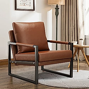 Modern Faux Leather Accent Chair Armchair with Extra-Thick Padded Backrest and Metal Frame for Living Room and Bedroom Furniture - Comfortable and Elegant（Brown）