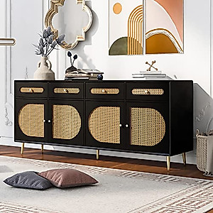 Modern TV Stand with 4 Rattan Doors and 4 Drawers, Entertainment Center for TVs Up to 65", Media Console Table Storage Sideboard Cabinet with Adjustable Shelves for Living Room Bedroom (Black-4R)