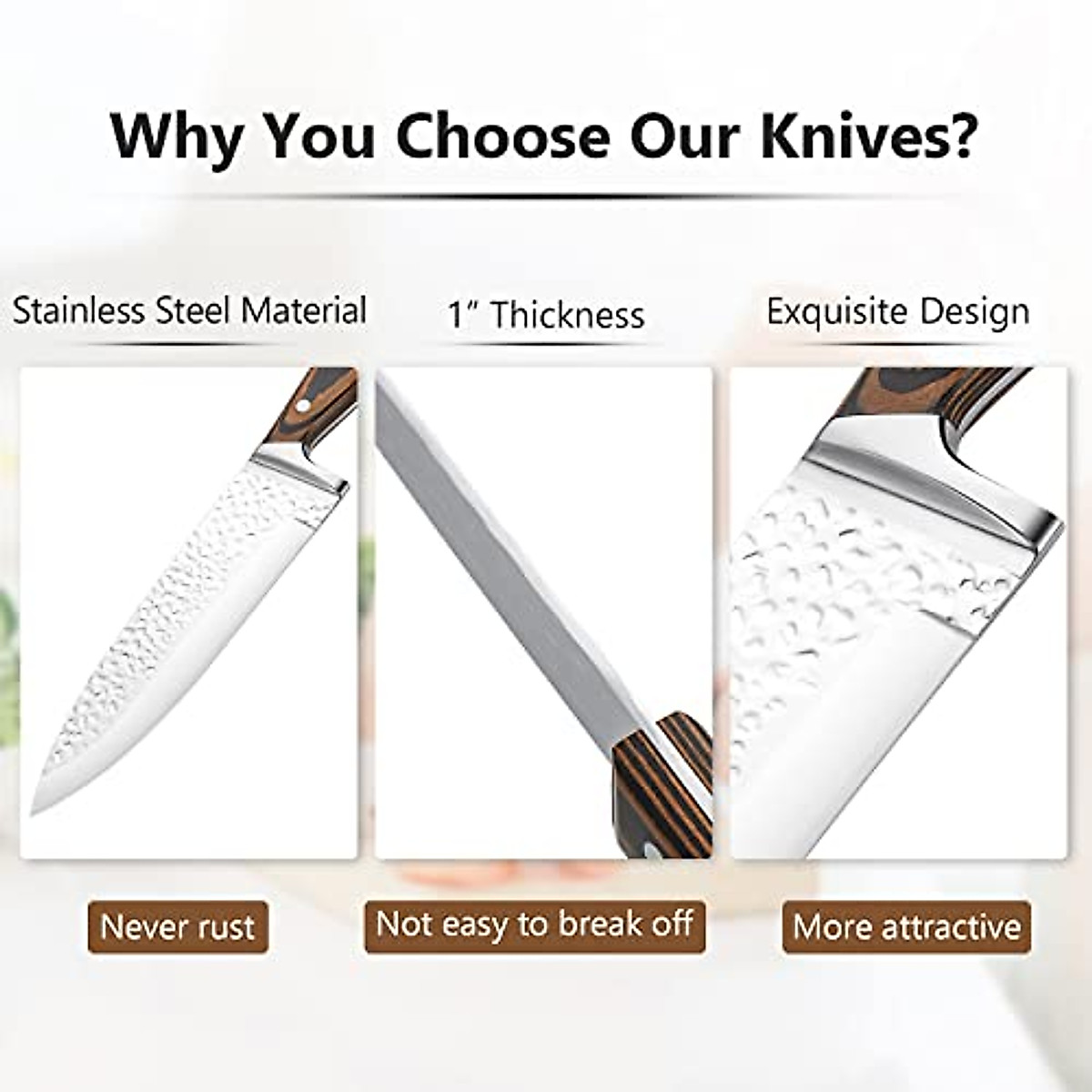 COSTWAY Kitchen Knife Set, Full Tang Knife Set with Block, Sharpener & Kitchen Shears, Includes Chef Knife, Bread Knife, Santoku Knife, Utility Knife, Paring Knife, 6 Steak Knives (15-Pieces, Brown)