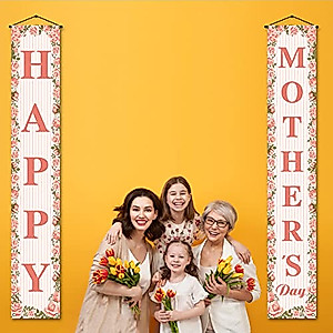 Happy Mother's Day Porch Banner I Love Mom Pink Rose Floral Holiday Party Front Door Sign Wall Hanging Banner Decoration