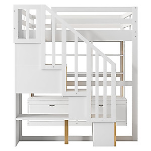 MERITLINE Full Size Loft Bed with Desk and Storage Stairs, Wood Loft Bed Full with Shelves & 2 Storage Drawers,Full Loft Bed with Desk Underneath for Kids Teens Boys Girls,White and Natural