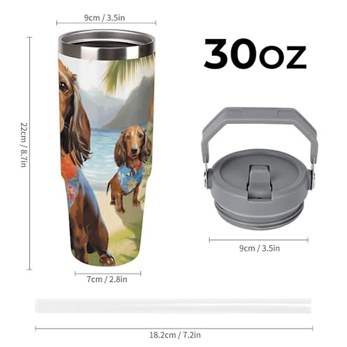 30oz Stainless Steel Insulated Tumbler with Flip Lid & Straw, Leakproof Travel Mug for Car, Dachshund Tropical Painting Art Double Wall Vacuum Thermal Coffee Cup with Handle, Spill-Proof Design for Ho
