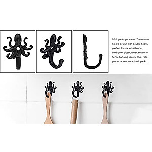 MUMIAO 5 Pack Coat Hooks Wall Storage Hooks – Decorative Wall Mounted Hooks Rustic Metal Clothing Hanger for Hanging Coats, Scarves, Bags, Purses, Backpacks Home Decor (Black Octopus)