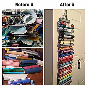 shiningwaner Vinyl Storage Organizer with 48 Compartments, Vinyl Roll Holder Wall Mount/Over The Door, Hanging Organizer Storage Rack For Craft, Blue