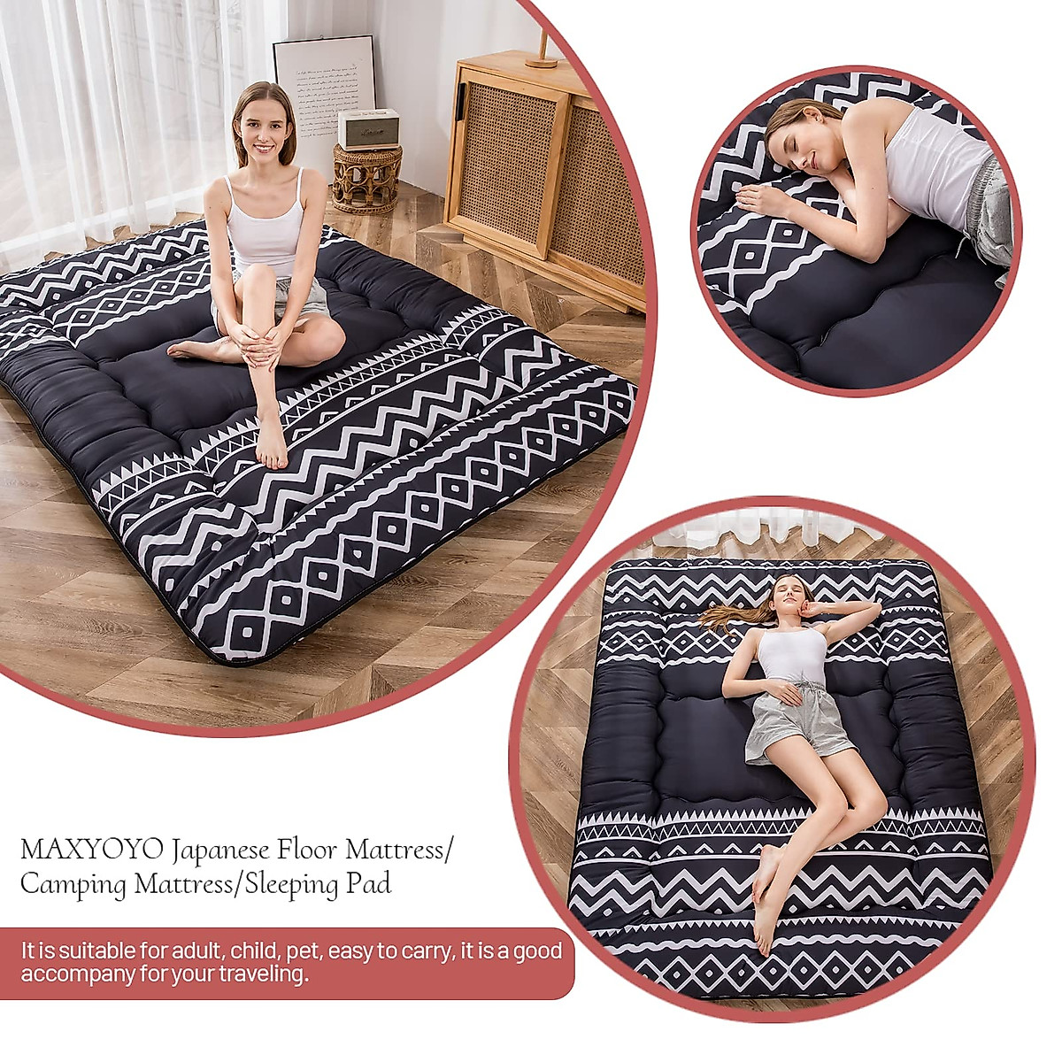 Japanese Floor Mattress Futon Mattress Thicken Sleeping Pad Roll Up Mattress Floor Lounger Bed Camping Mattress Guest Room Mattress Pad, Thick Soft and Comfortable, Black Stripe, Full Size