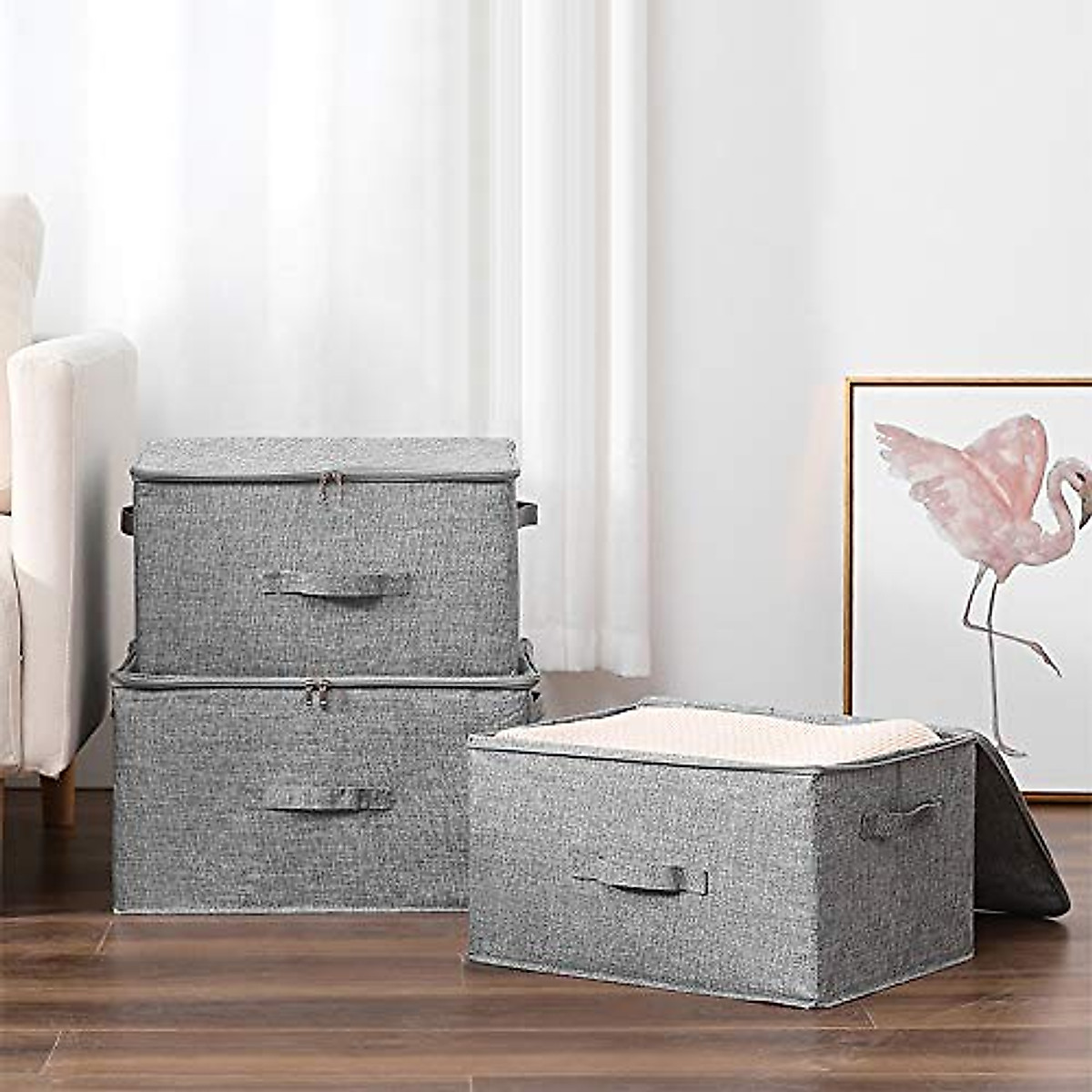 ANMINY 2PCS Storage Bins with Zipper Lid Handles Storage Boxes PP Plastic Board Foldable Lidded Cotton Linen Fabric Home Cubes Baskets Closet Clothes Organizer Containers - Gray, Large Size