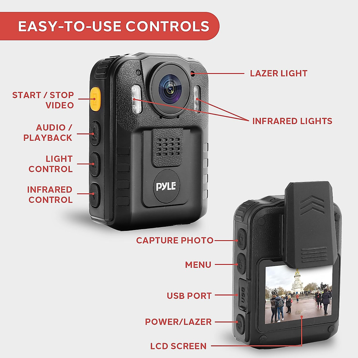 Pyle Police Security Video Compact Camera - HD 2304x1296p Rechargeable Wireless Waterproof Wearable Law Enforcement Mini Surveillance Cam, Audio Video Recording, Night Vision, Motion Detector PPBCM6