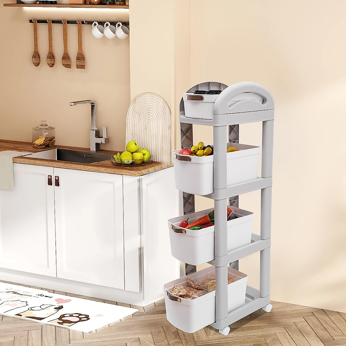 Fichiouy 3/4 Tier Storage Rack Corner Storage Rack On Wheels, Movable Storage Shelving Unit Max Load: 22.05 lbs for Kitchen Bathroom Living Room Garage Office (Gray 4-Tier)