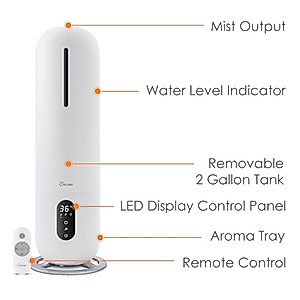 Crane Ultrasonic Cool Mist Tower Humidifier, 2 Gallon,White,EE-6917