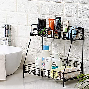 Betgod 2-Tier Bathroom Countertop Organizer, Wire Basket Storage Container Countertop Shelf, Kitchen and Shower Countertop Organizer Rack, Black