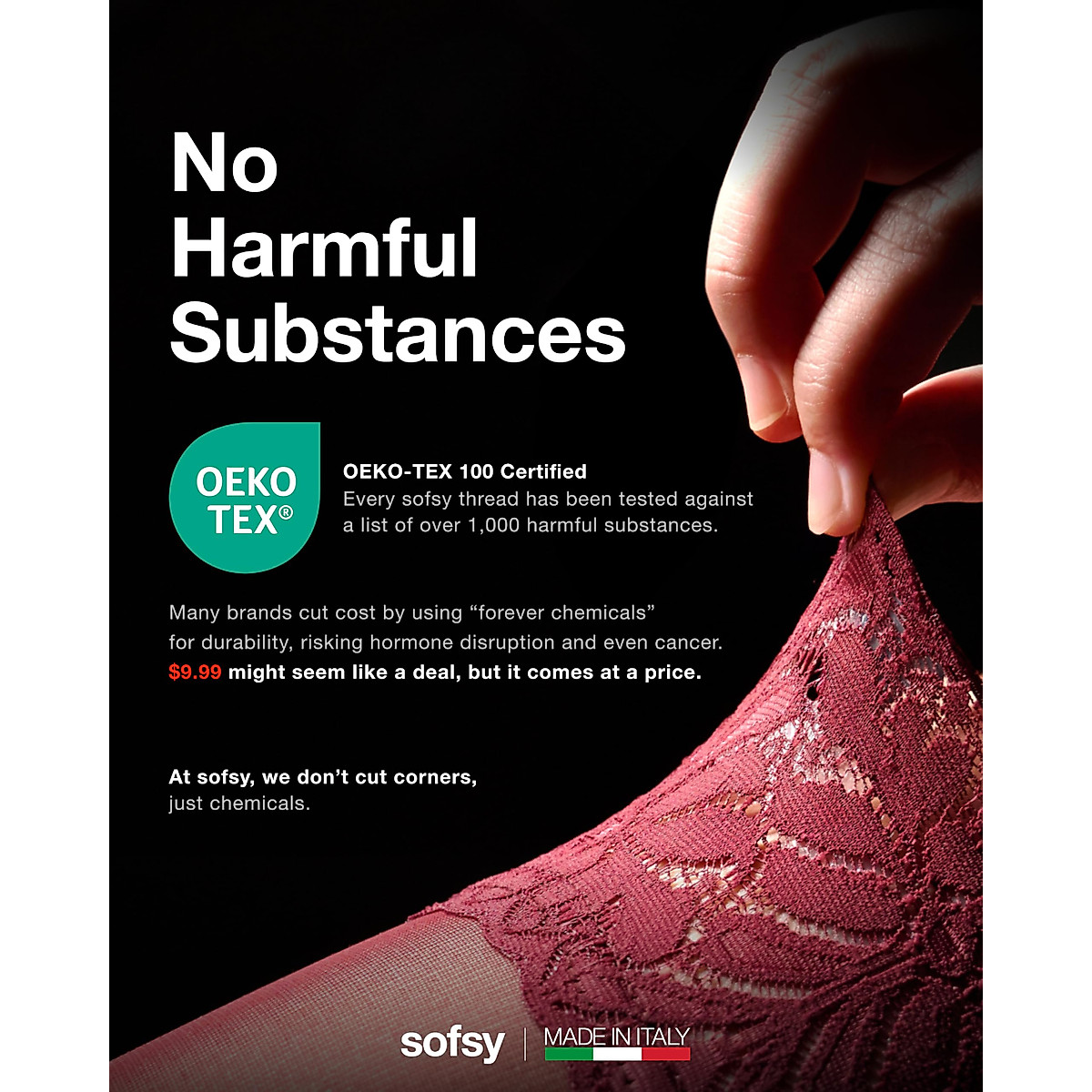 sofsy Ultra Soft Women's Stockings [Made in Italy] 100% Oeko-Tex Certified Dual Silicone Foral Lace Thigh Highs | Black - Medium/Large