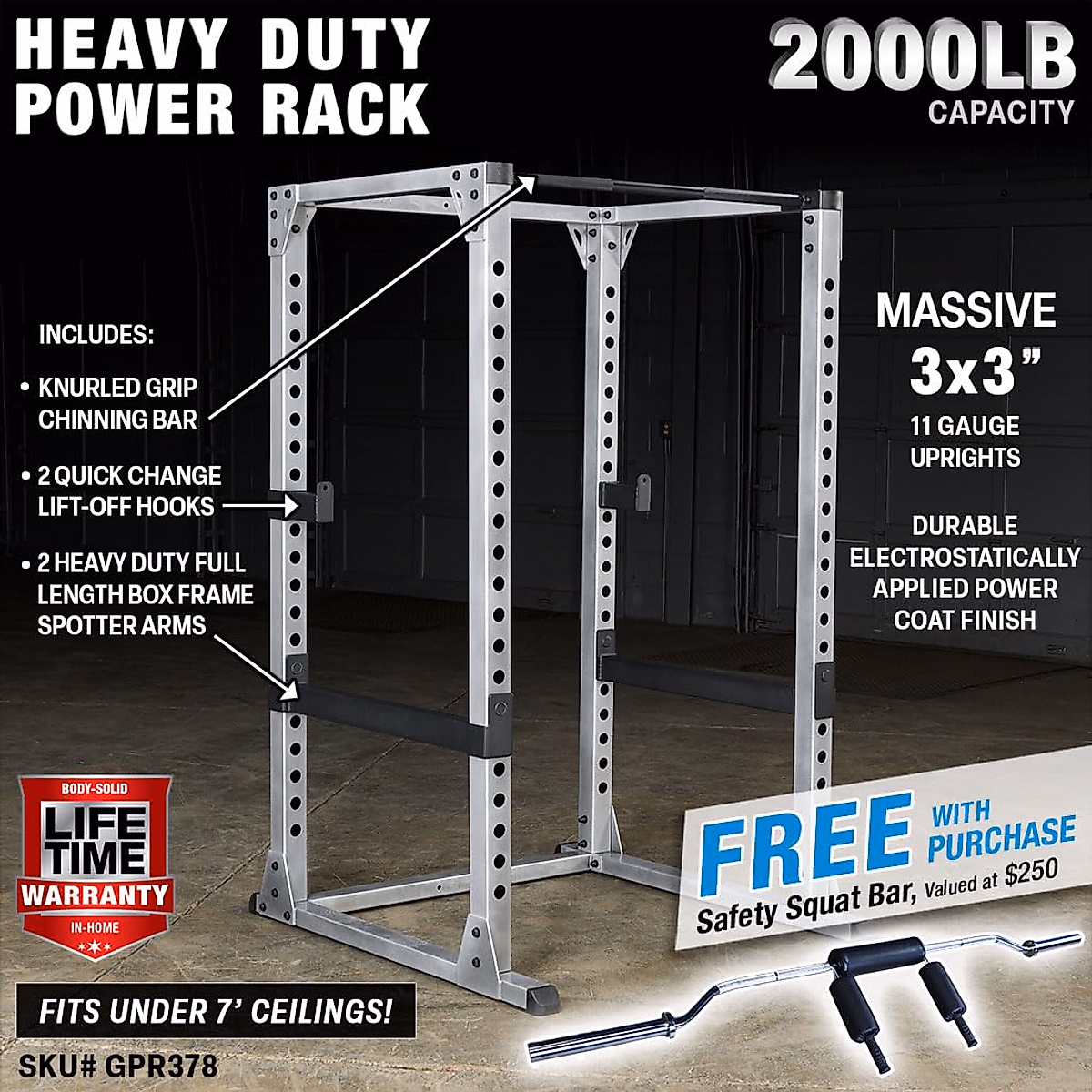 Body-Solid (GPR378 Power Rack - Heavy-Duty Steel Squat Cage with Adjustable Safety Bars and Chin-Up Bar for Home and Light Commercial Gym