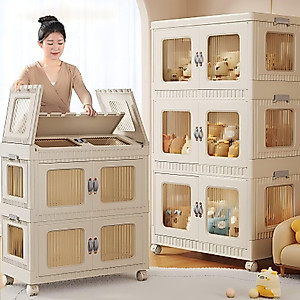 MOPUP 555 Quart Collapsible Storage Bins,3 Packs Plastic White Closet Organizers Storage with Lids,Dual Open Stackable Bins with Wheels for Home and Office