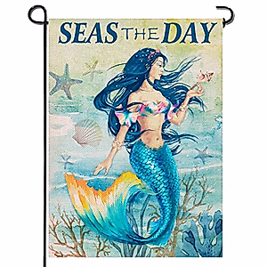 Artofy Seas the Day Spring Mermaid Nautical Home Decorative Garden Flag, Coastal House Yard Shell Starfish Coral Conch Outside Decor, Summer Beach Tropical Outdoor Small Decoration Double Sided 12x18