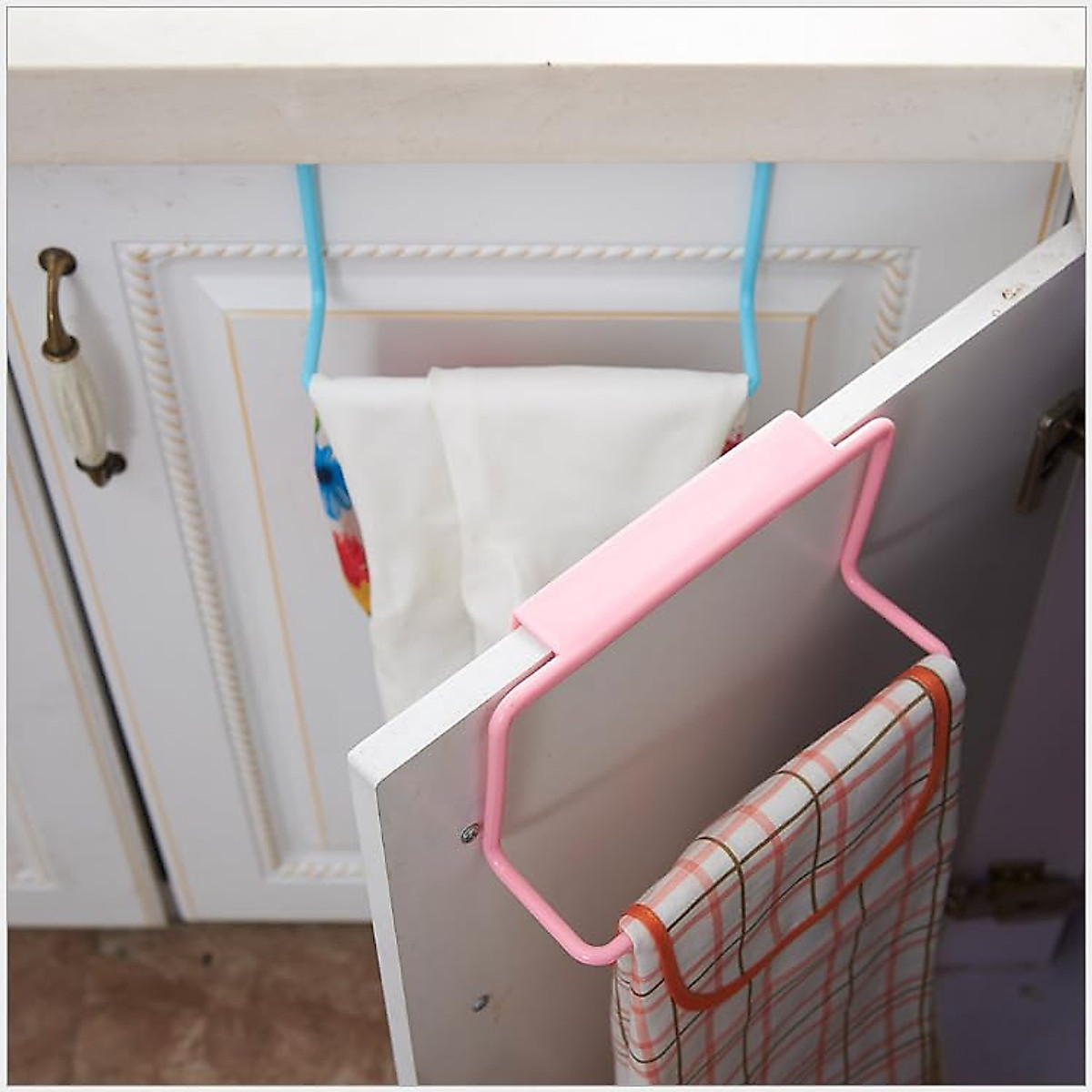 FnPti Over Door Towel Rail Hanger Kitchen Cabinet Cupboard Draw Hand Holder - Blue Plastic Towel Rack, Easy to Use and Clean, Free Punch