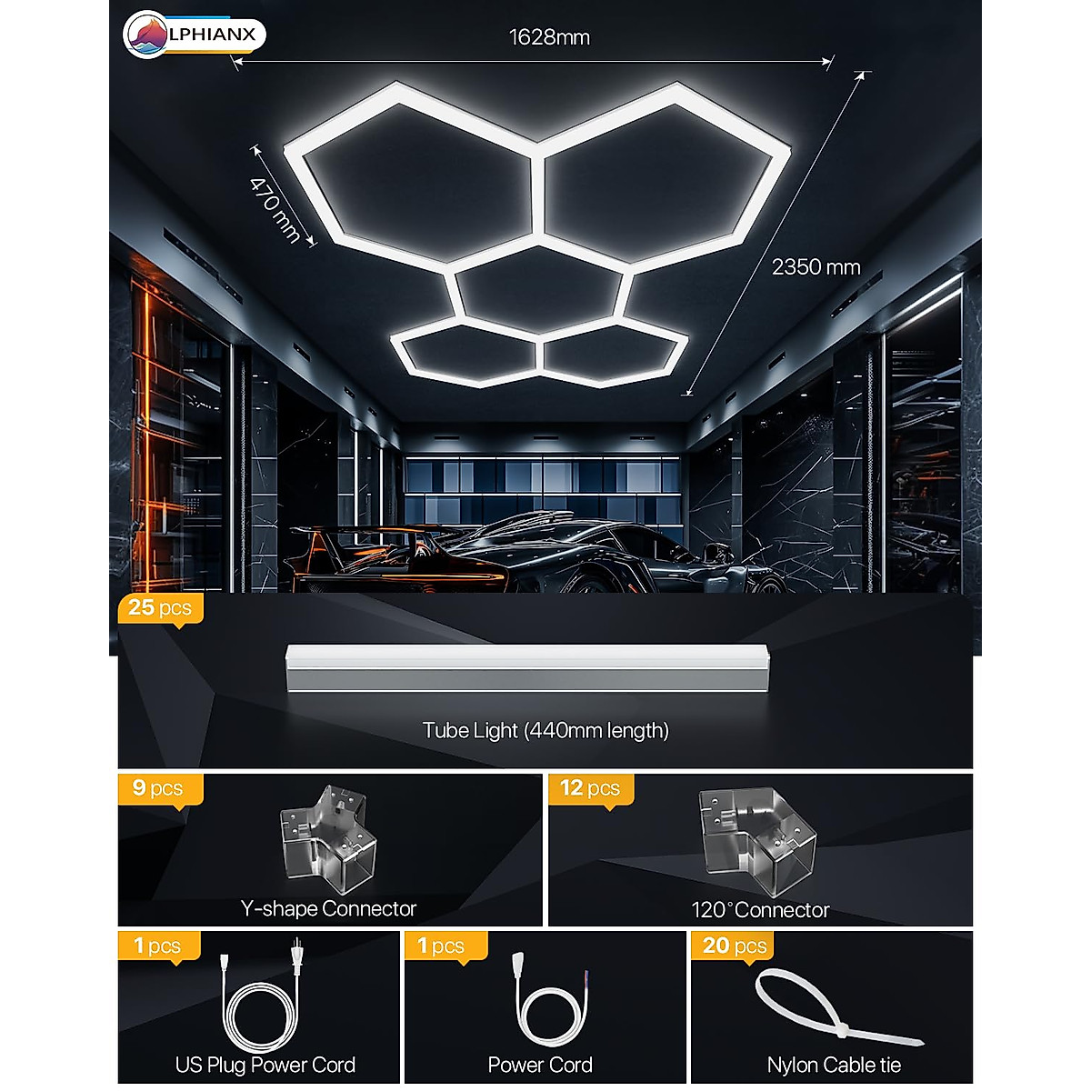 Lphianx Hexagon LED Garage Light, 25 Pack 200W 30000LM 6500K Hexagon Led Lights for Garage, Basement, Warehouse, Auto Beauty Shop, Car Detailing Shop etc