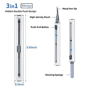 2Pcs Airpod Cleaner Kit，Earbud Cleaning Kit for Airpods Pro 1 2 3， Multi-Function Cleaning Pen with Soft Brush Flocking Sponge，Suitable for Bluetooth Headset, Charging Box, Mobile Phone, Earbud