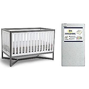 Delta Children Tribeca 4-in-1 Baby Convertible Crib + Serta Perfect Slumber Dual Sided Recycled Fiber Core Crib & Toddler Mattress - Waterproof - Hypoallergenic - GREENGUARD Gold Certified, Grey/White