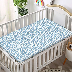 Clouds Themed Fitted Crib Sheet,Standard Crib Mattress Fitted Sheet Soft & Stretchy Fitted Crib Sheet-Baby Crib Sheets for Girl or Boy, 28“ x52“,Pale Sky Blue White