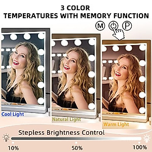 Fenair Vanity Mirror with Lights 22.8"x 18.1" Makeup Mirror with Lights and 15 Dimmable Bulbs,3 Colors Modes,Hollywood Mirror with USB Charging Port and 10X Detachable Magnification Mirror