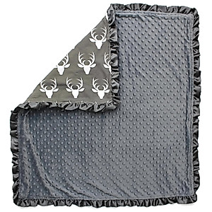 Dear Baby Gear Deluxe Double Layer Baby Blanket - Gender Neutral Infant Blankets for Girls & Boys - Nursery Blanket for Newborn - Faux Quilt Soft Toddler Blankets - Antlers Grey with Ruffles