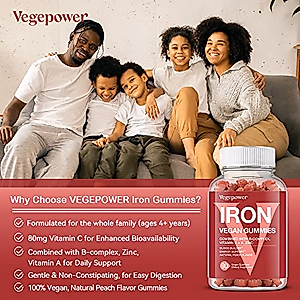 Vegan Iron Gummies Supplement - with Vitamin C, A, B-Complex, Folate, Zinc for Adults & Kids - Blood Builder & Energy Support for Iron Deficiency, Anemia, No After Taste - Peach Flavor (90 Ct)