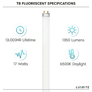 LUXRITE F17T8/865 17W 24 Inch T8 Fluorescent Tube Light Bulb, 6500K Daylight, 1350 Lumens, G13 Medium Bi-Pin Base, LR20755, 6-Pack