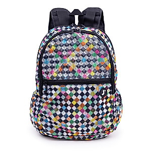 J World New York Mesh Backpack for Adults. Transparent See-Through Book-Bag for School, Beach, Swim, Gym, Checkers, 18 X 13.5 X 8.5 (H X W X D)