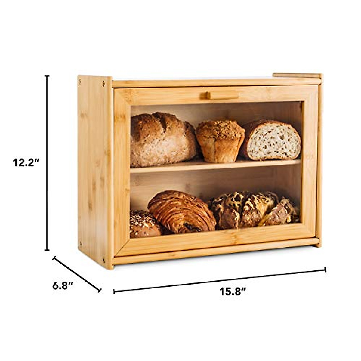 Laura's Green Kitchen Large Bread Box - Wood Bread Box with Clear Front Window - Farmhouse Style Bread Bin for Kitchen Counter - Double Layer Bread Storage Bin Holds 2 Loaves - Self-Assembly
