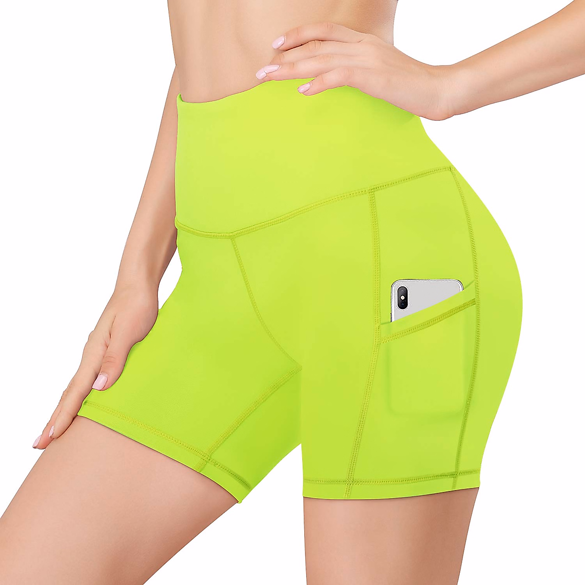 HISKYWIN 5"/8" Inseam High Waist Women Yoga Shorts Compression Exercise Workout Running Shorts Pockets F18011-Fluorescent yellow-L