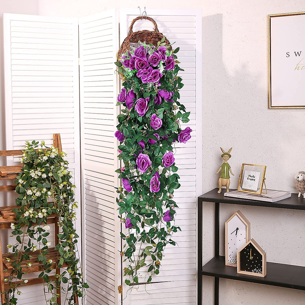 Haoyuetch 2PCS Artificial Rose Vine Flowers with Green Leaves,3Ft Hanging Rose Ivy Plants for Home Wedding Party Garden Wall Decoration (Purple)