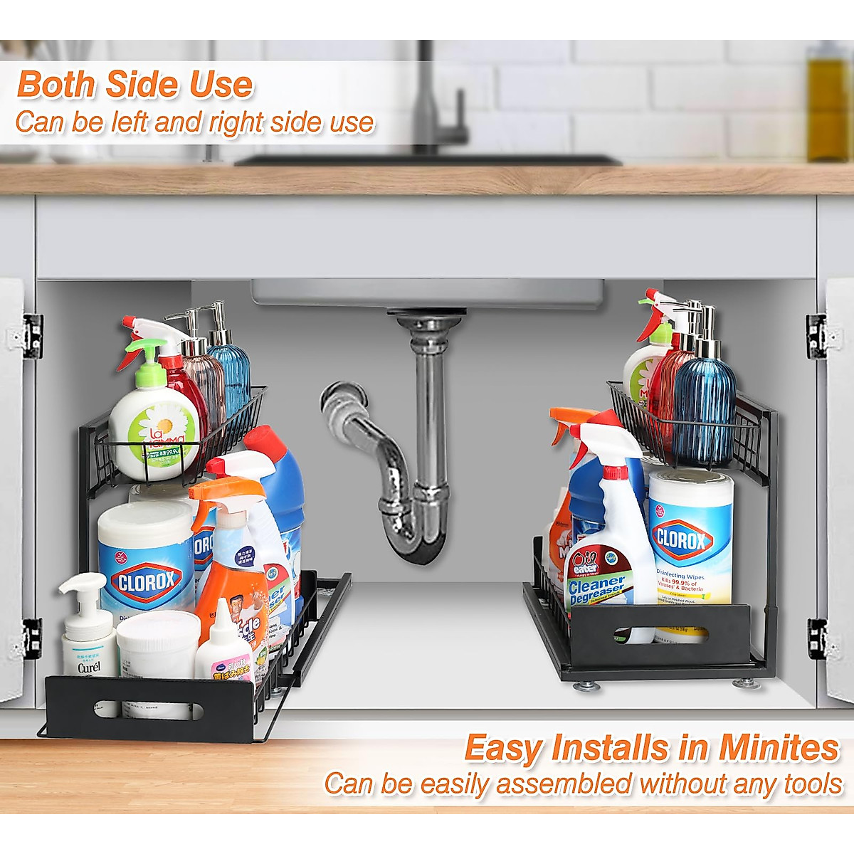 Haturi Under Sink Organizer, 2 Tier Sliding Shelves & Height Adjustable Under Cabinet Storage, Metal Pull Out Shelf and Non-Slip Feet Under Cabinet Sink Organizers and Storage for Kitchen Bathroom