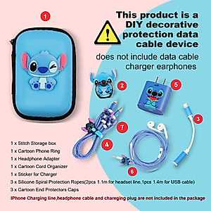 DIY Protector Stitch Set,Data Cable 20W USB Charger Data Line Earphone Cartoon Decoration Wire Saver Protector Compatible for iPhone 11 12 13 Plus Max Series (Stitch)