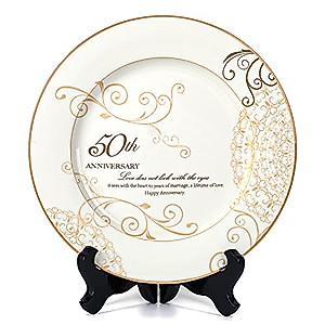 Urllinz 50th Wedding Anniversary Plate with 24k Gold Foil-50th Anniversary Wedding Gifts for Parents Couple,50 Year Golden Wedding Gifts for Her Him,9 Inch Porcelain Plate for Grandparents with Stand