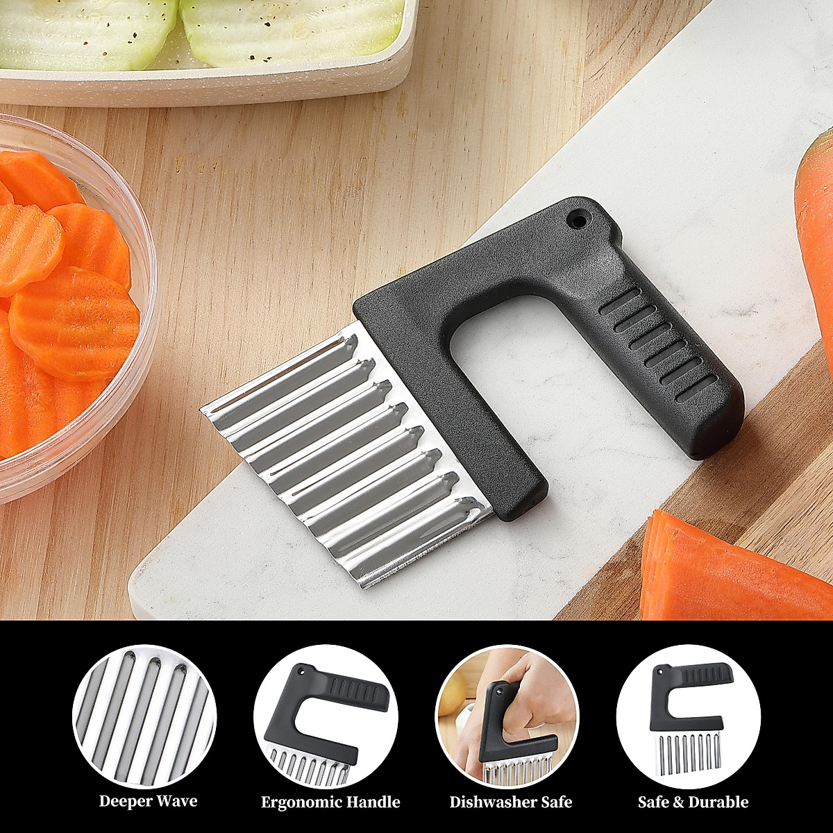 Crinkle Cutter for Veggies, JJOO Stainless Steel Crinkle Cut Knife for Potato Cucumber Carrot Fruit, French Fry Potato Slicer (Black, Dishwasher Safe)