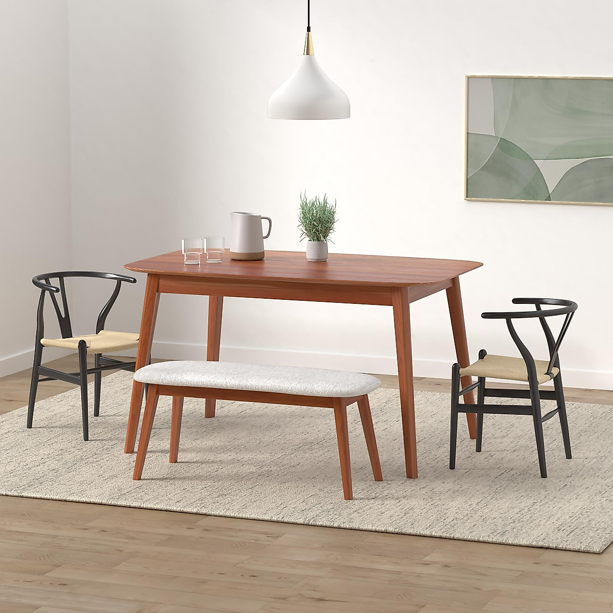 Polynices Wishbone Chair, Weave Modern Solid Wood Mid-Century Y Shaped Backrest Dining Chair (Black + Natural Set of 2)