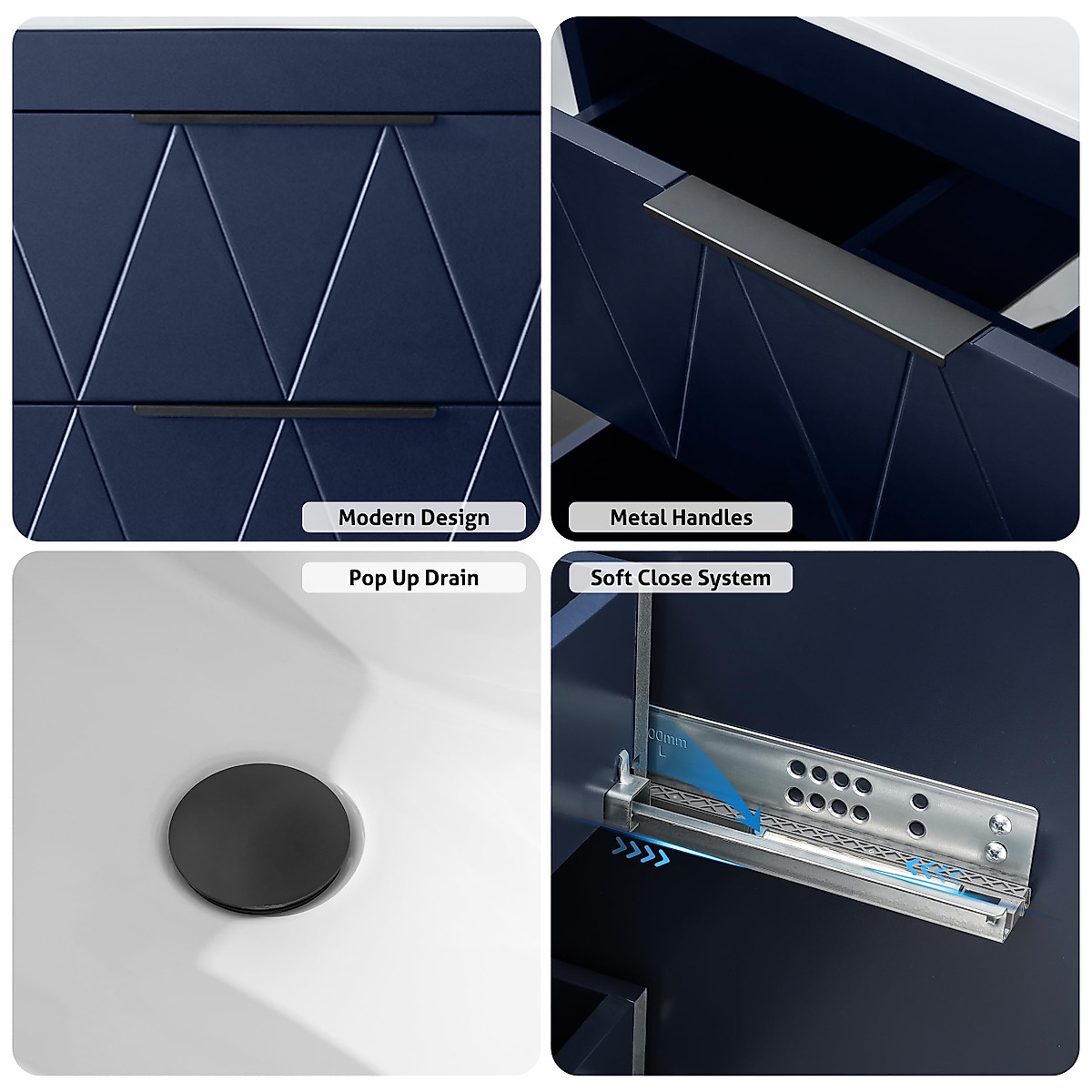 eclife 30" Bathroom Vanities Cabinet with Sink Combo, Wall Mounted Floating Cabinet W/Decor Line, Soft-Close System, 2 Extra Big Drawers