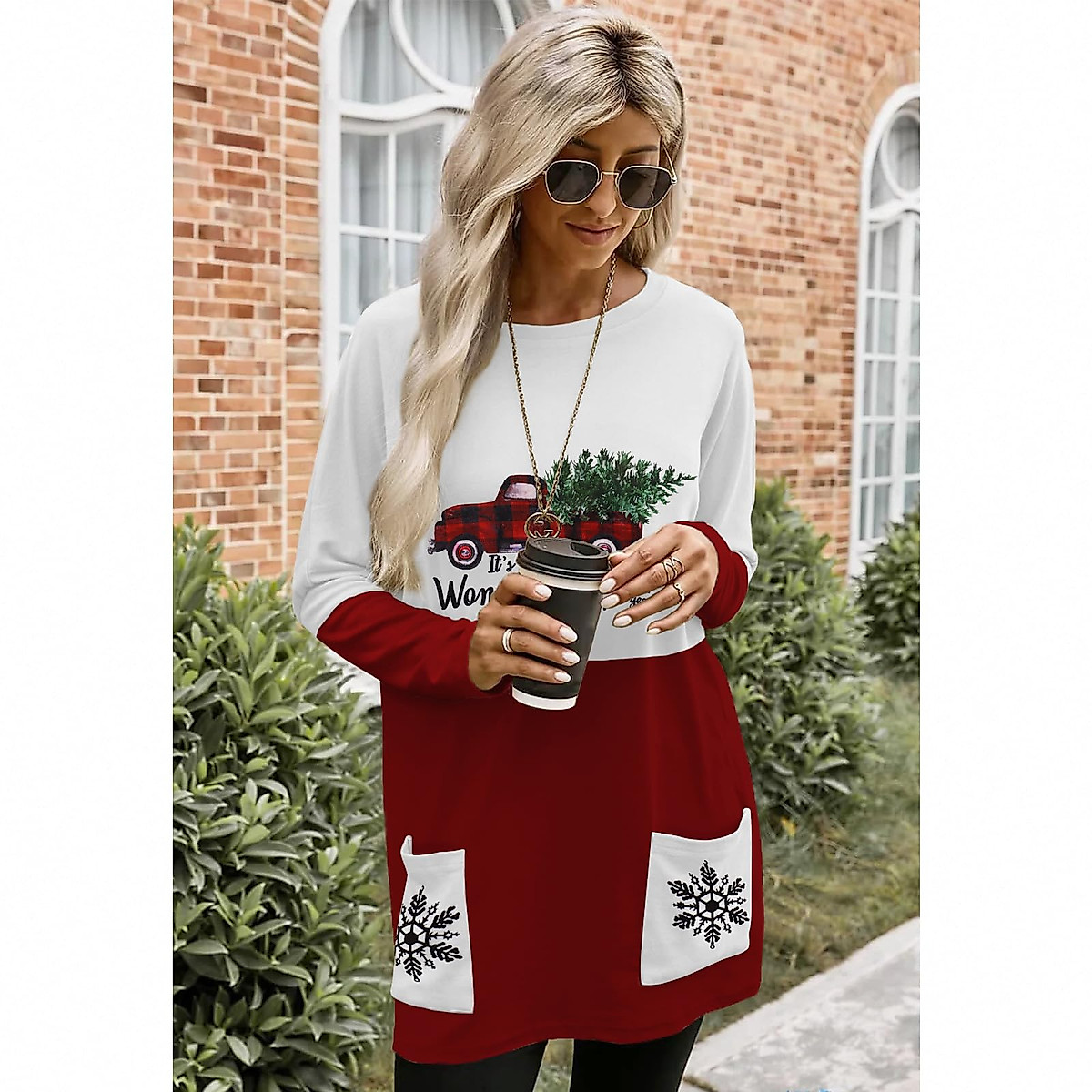 GLIGLITTR Women Christmas Shirt Xmas Tree Truck Crewneck Sweatshirt Plaid T-Shirt Dress Long Sleeve Blouse Pullover Tops(Truck,Large)