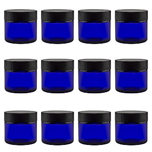Cornucopia 2oz Cobalt Blue Glass Cosmetic Jars (12-Pack); Straight Sided Jars w/Black Plastic Lined Lids for Balms, Cosmetics, Creams & More