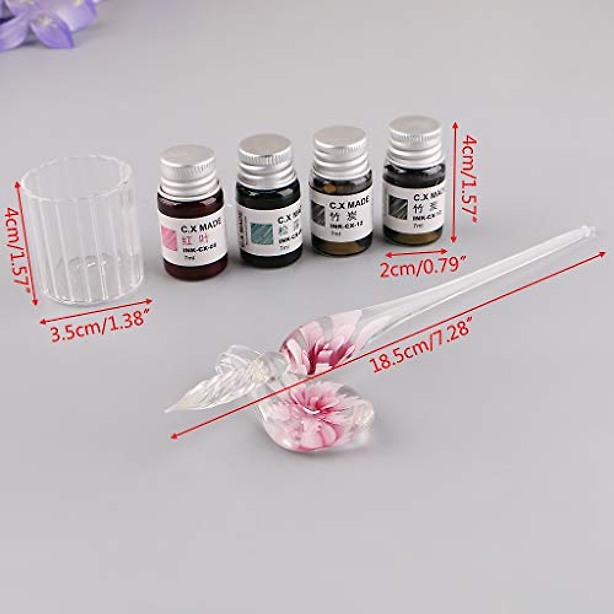 BUZHI Handmade Floral Glass Dip Pen Set,Signature Pen Glass Calligraphy Pen and 4 Colors Ink,1 Pen Holder,1 Washing Bottle,for School Stationery Gifts
