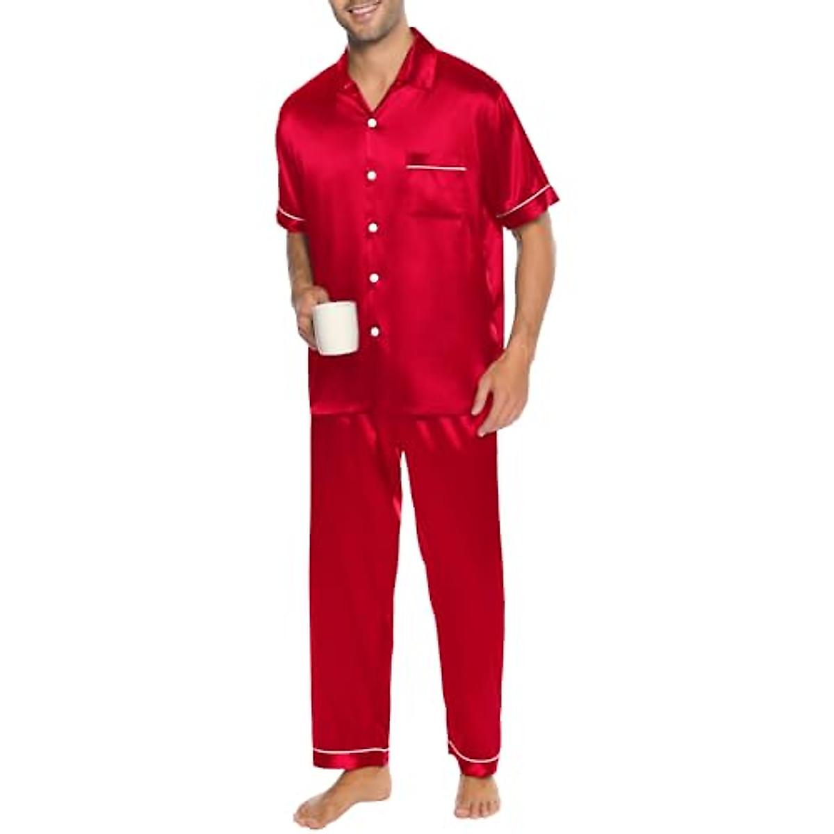 SWOMOG Mens Silky Satin Pajamas Set Short Sleeve Pjs Button Down Sleepwear Top & Long Pants Red XX-Large
