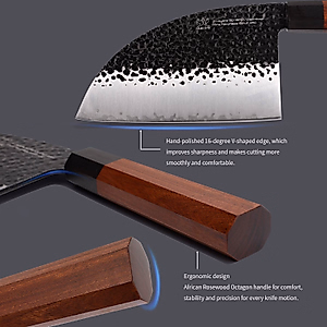 FAMCÜTE 6.5 inch Butcher Knife, 3 Layer 9CR18MOV Clad Steel w/octagon Handle Serbian Meat Cleaver Knife with Leather Knife Sheath