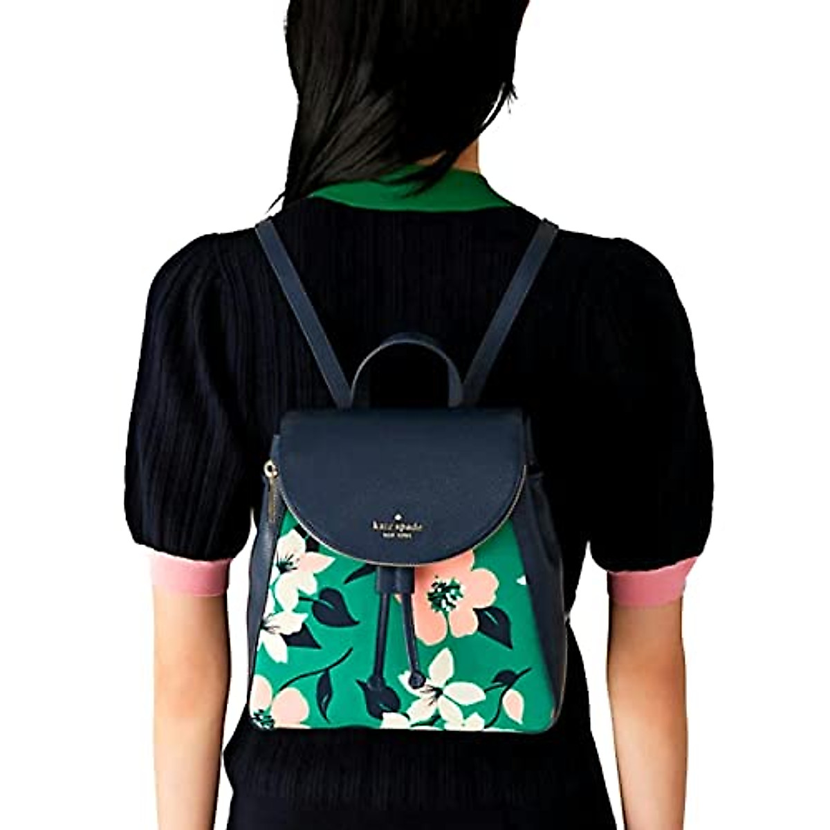 Kate Spade Canvas Leila Small Flap Drawstring Backpack Lily Blooms Green