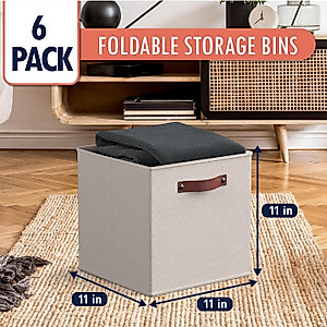 Ornavo Home 11 x 11 Storage Cube Bins, Foldable Collapsible Fabric Storage Bins Box Linen Shelf Basket Cube Organizer for Closet with Leather Handles, 6 Pack, Beige