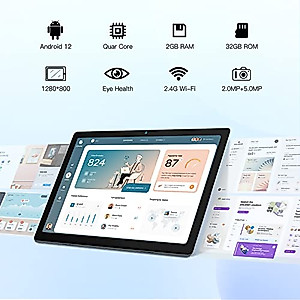 Mouikei 10 inch Tablet Android 12 Tablets, Quad-Core Tablet PC, 32GB ROM 128GB Expand, 5000mAh,1280x800 HD Touch Screen, Bluetooth, WiFi, Dual Camera, GPS, Gray