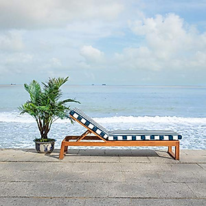 SAFAVIEH Outdoor Collection Solano Natural Wood/ Navy Stripe Cushion Patio Backyard Chaise Lounger Chair